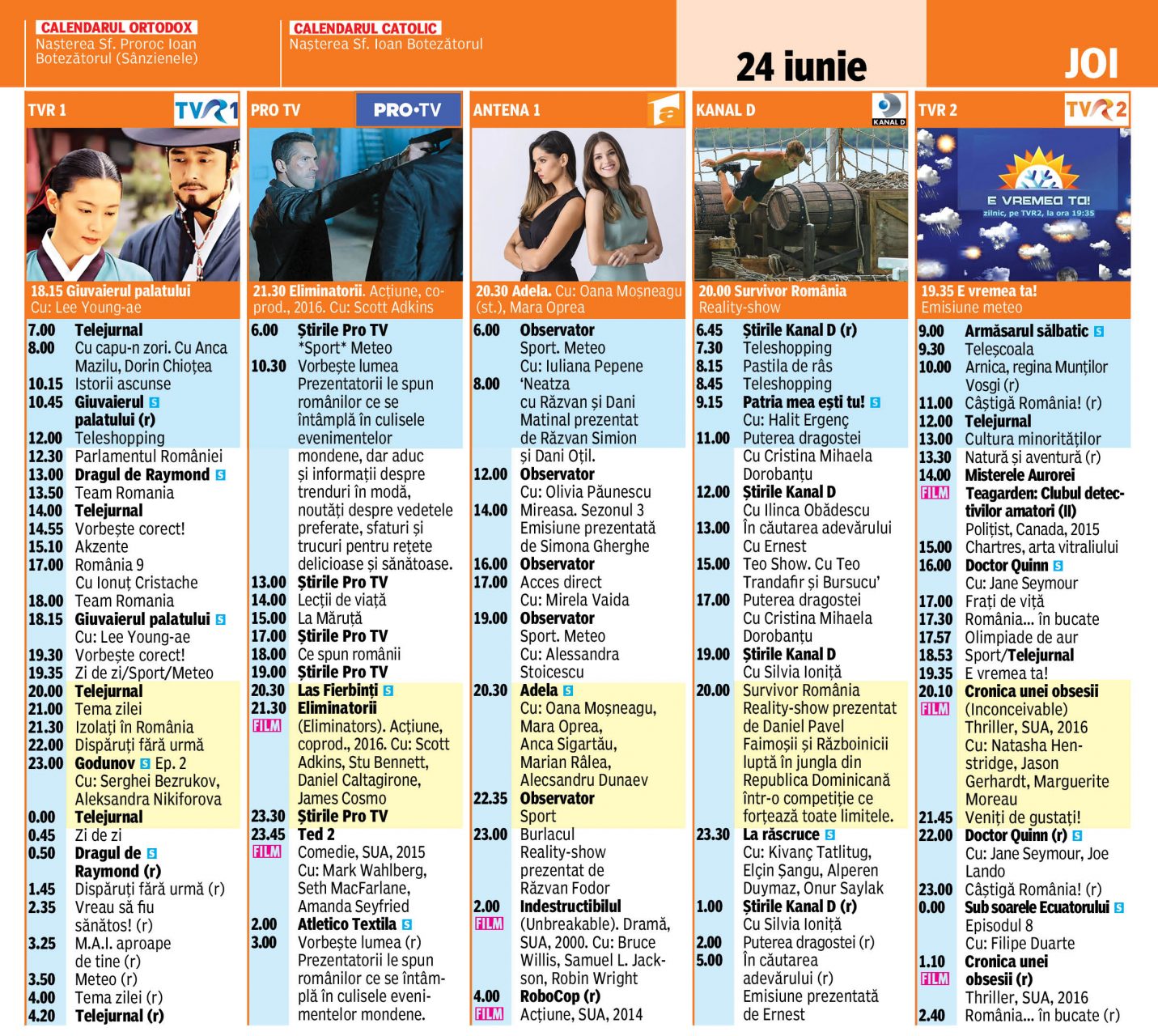 Programe TV pentru azi, joi, 24 iunie 2021 - TVmania.ro